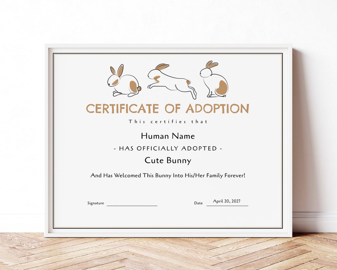 Editable Bunny Adoption Certificate Template, Rabbit Owner's ...