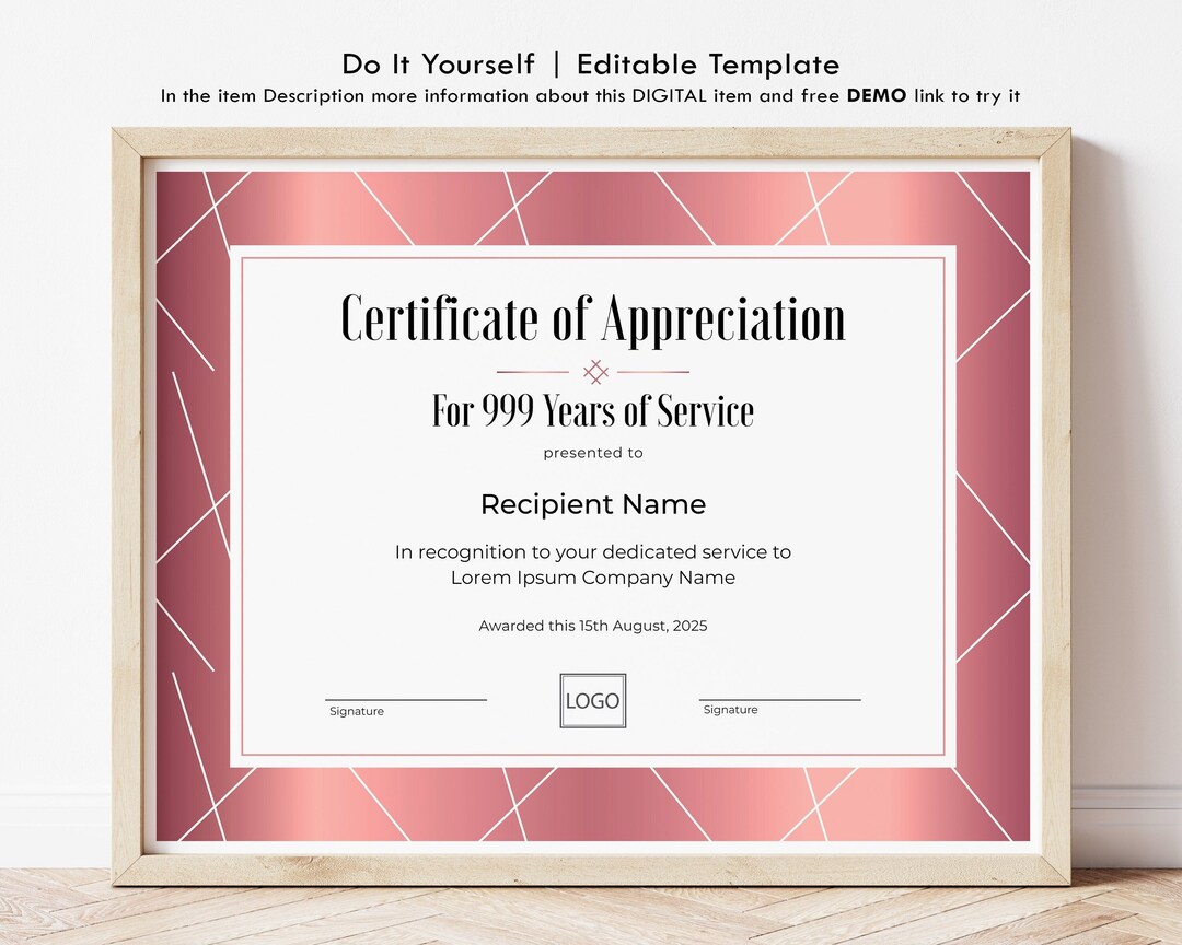 25 Years of Service EDITABLE Certificate of Appreciation Template ...