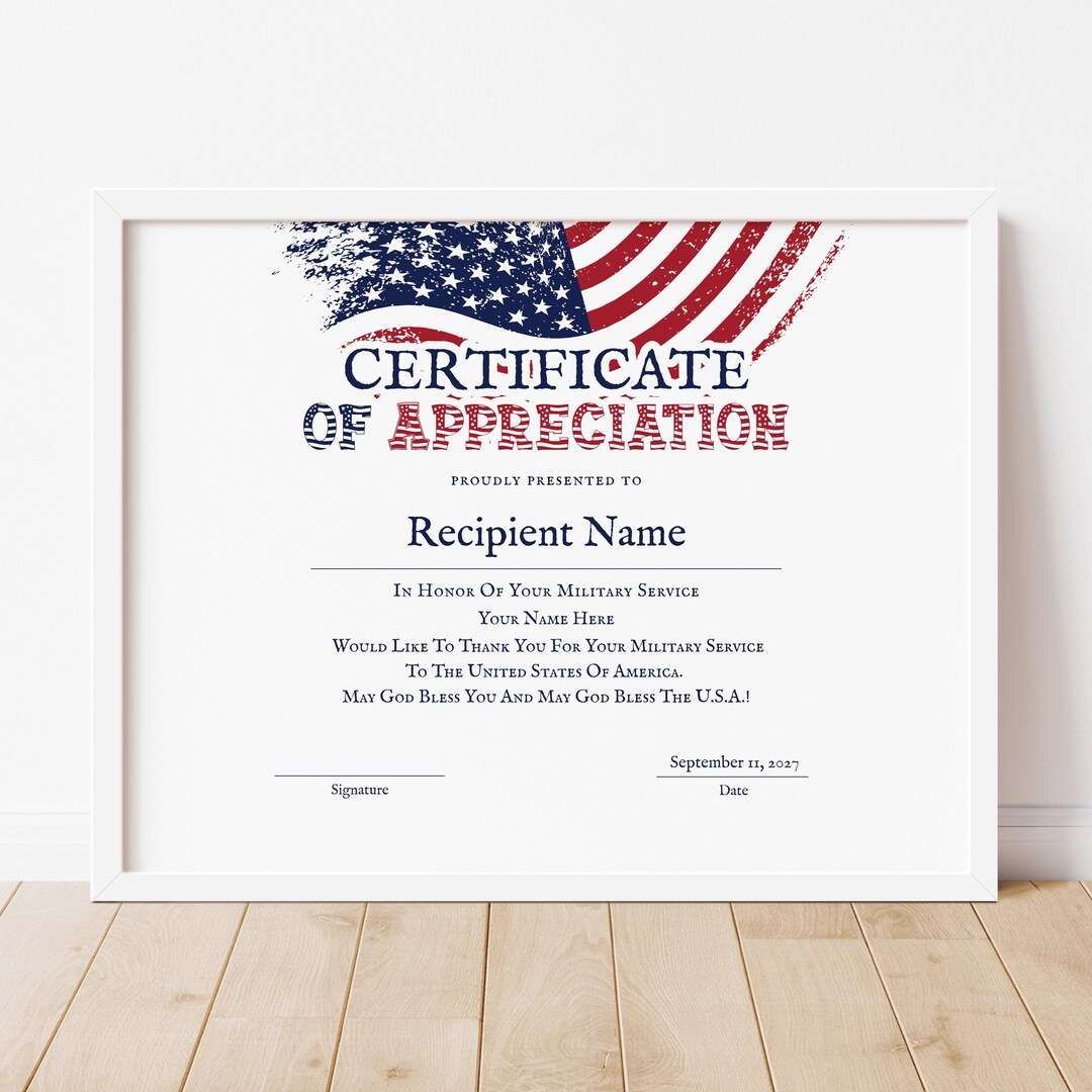 American Veterans Appreciation Certificate Honoring Military Service ...
