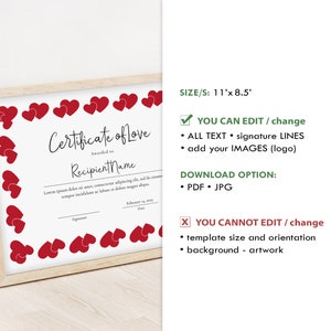 Love Certificate Template, Valentines Day Gift for Him or Her, EDITABLE ...