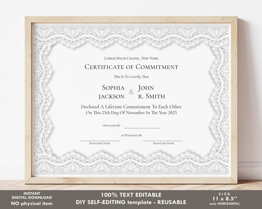 Certificate of Commitment, Wedding Keepsake Gift, White Lace Commitment ...