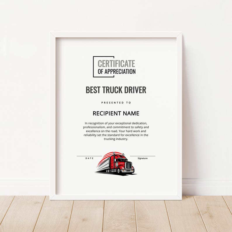 Editable Truck Driver Award Certificate, Truck Driving Award, Gift for ...