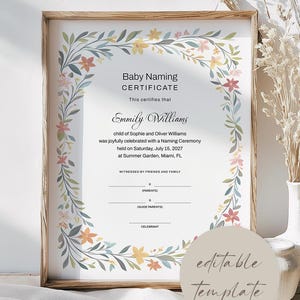 Cute Baby Naming Certificate Template Editable Printable Certificate of ...
