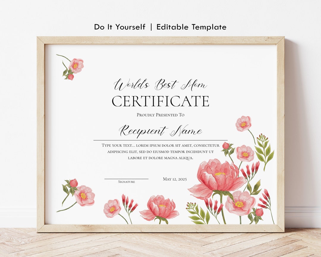 Best Mom Mum Award Certificate Template, Editable Gift Certificate for ...