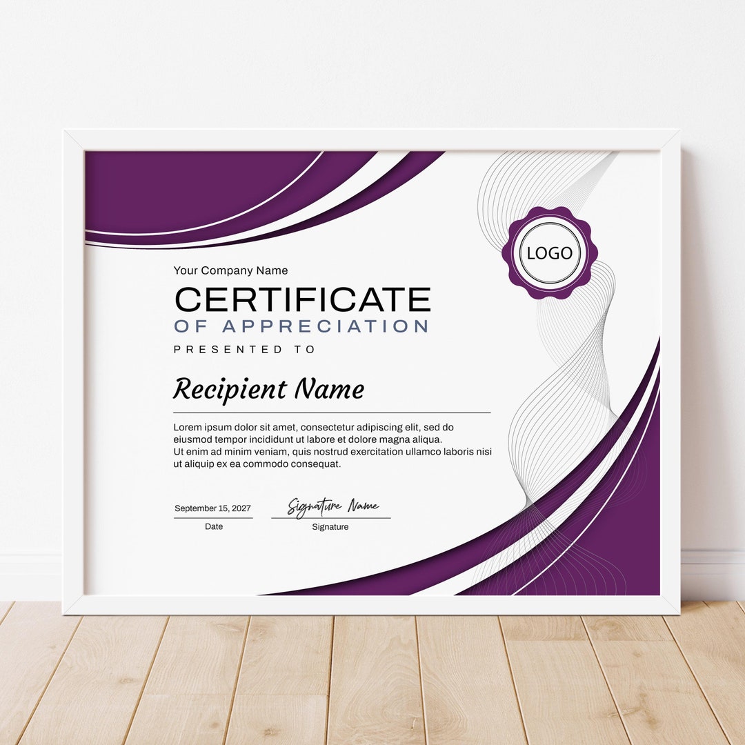 Purple Certificate of Appreciation, EDITABLE Appreciation Certificate ...