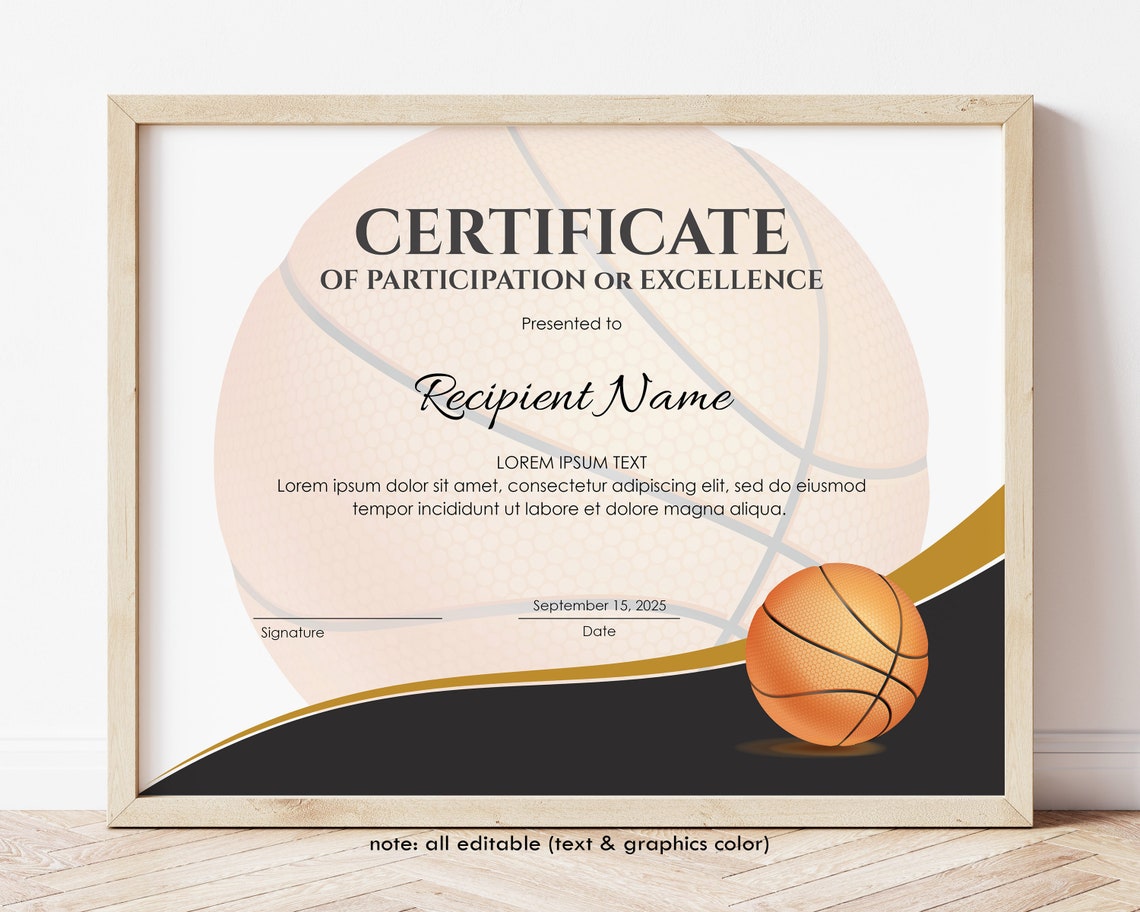 Editable Basketball Certificate Template Sports Award - Etsy
