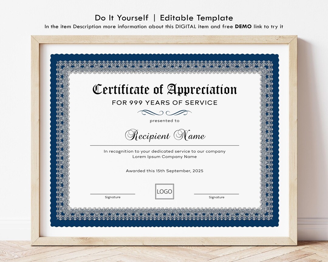 Editable Years of Service Certificate of Appreciation Template, Elegant ...