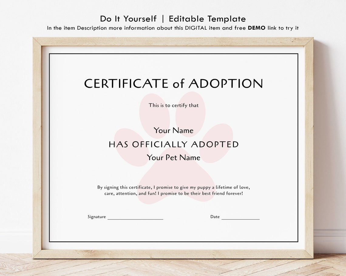 EDITABLE Puppy Adoption Certificate Template Paw Dog - Etsy