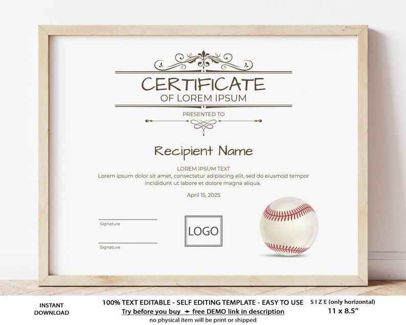 EDITABLE Baseball Certificate Template Sports Certificate - Etsy