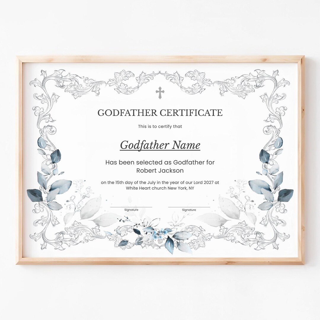 Editable Godfather Certificate Template, Printable Baptism Certificate ...