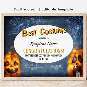Editable Halloween Best Costume Certificate Template Halloween Costume ...