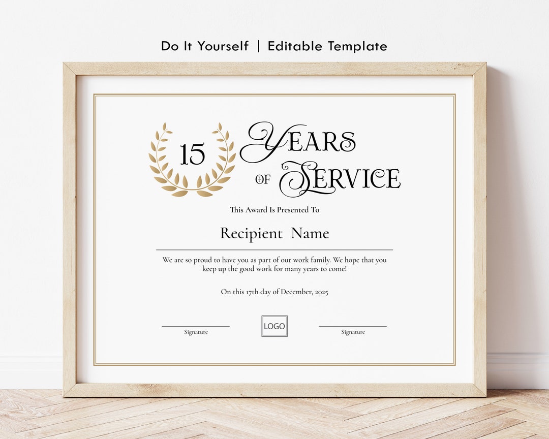 15 Years of Service Anniversary Award Certificate of Appreciation ...