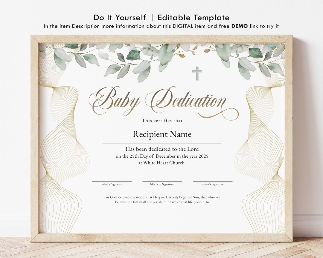 Baby Dedication Certificate Template Baby Dedication Editable ...
