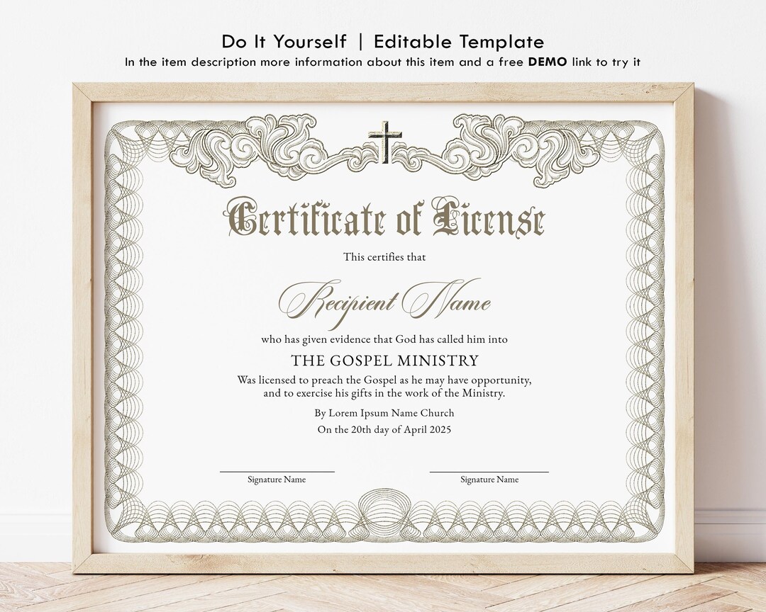 Editable License to Preach Template, Printable Certificate of License ...