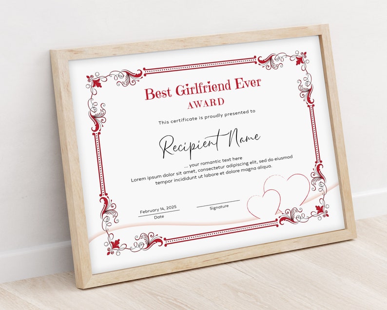 Valentines Day Best Girlfriend Ever Award Certificate - Etsy
