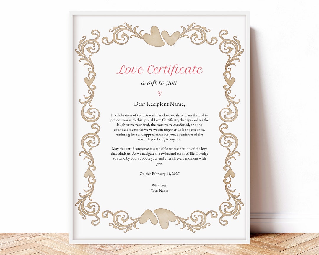 Certificate of Love Couple Gift Keepsake, Personalized Valentines Day ...