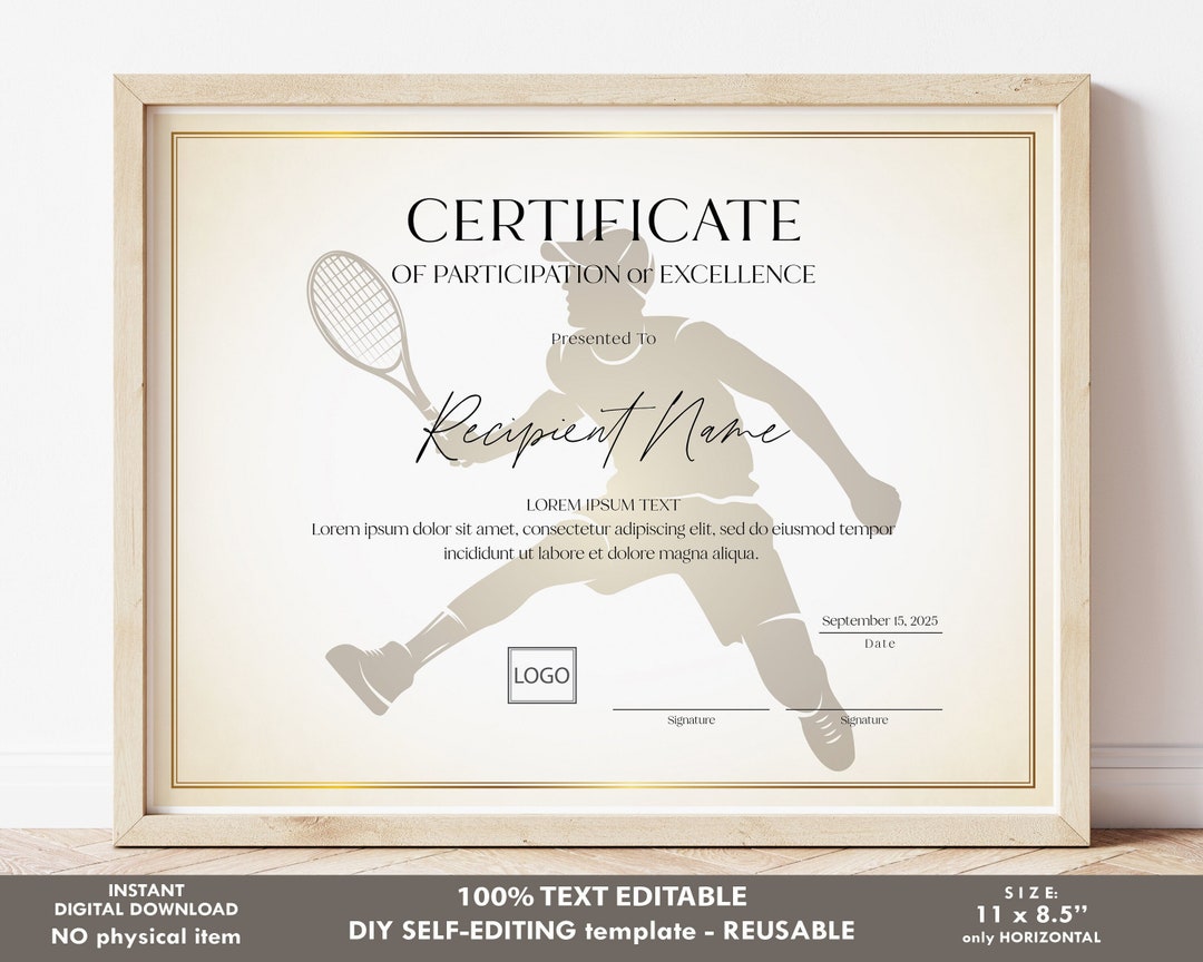 Tennis Certificate Award Template, Man With Tennis Racket, Sports ...