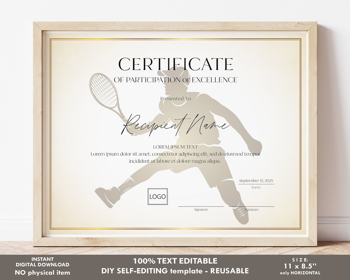 Tennis Certificate Award Template Man With Tennis Racket - Etsy