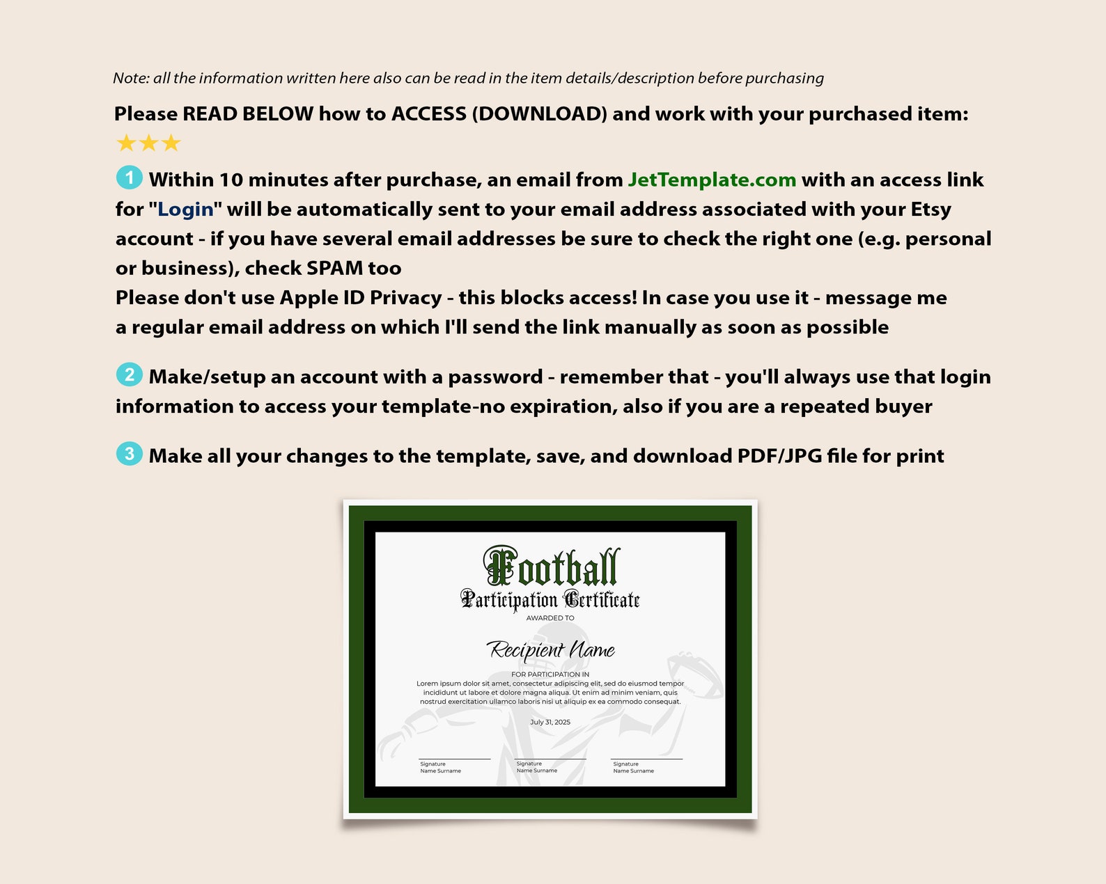 EDITABLE Football Participation Certificate Template American - Etsy