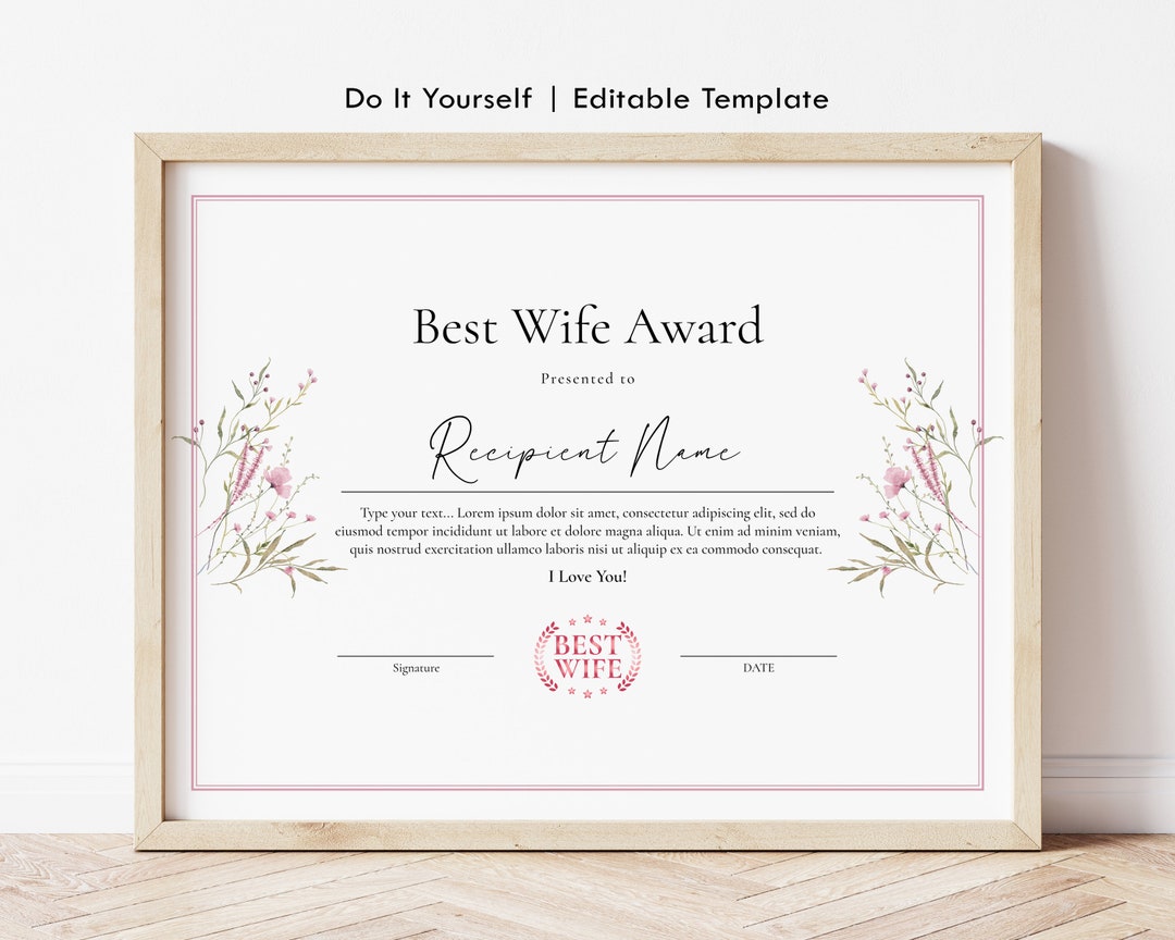 Best Wife Certificate Award Template, Editable Printable Best Wife Gift ...