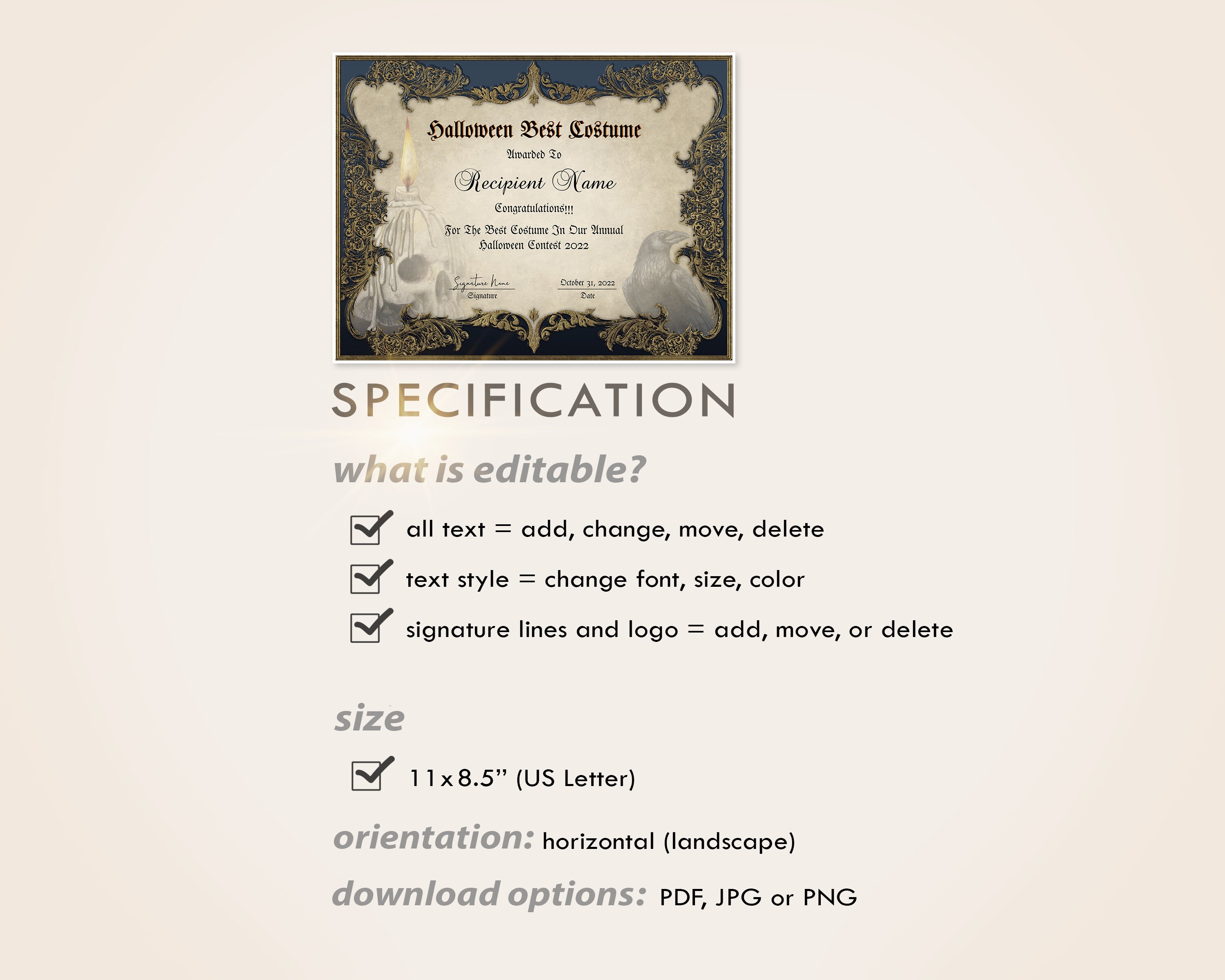 Skull Crow Halloween Best Costume Certificate Template - Etsy