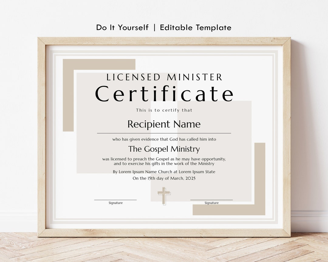 Licensed Minister Certificate Template, Editable Certificate of License ...