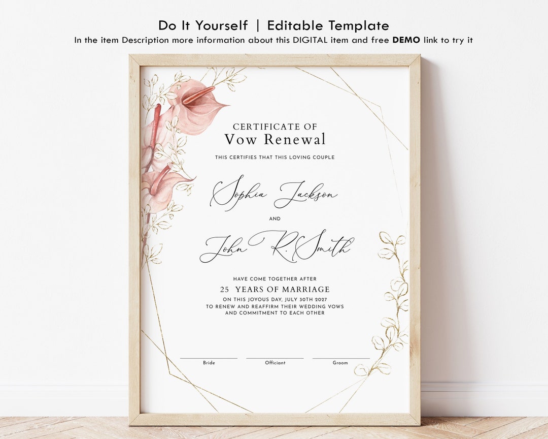 Boho Floral Vow Renewal Certificate Template, Watercolor Renewal of ...