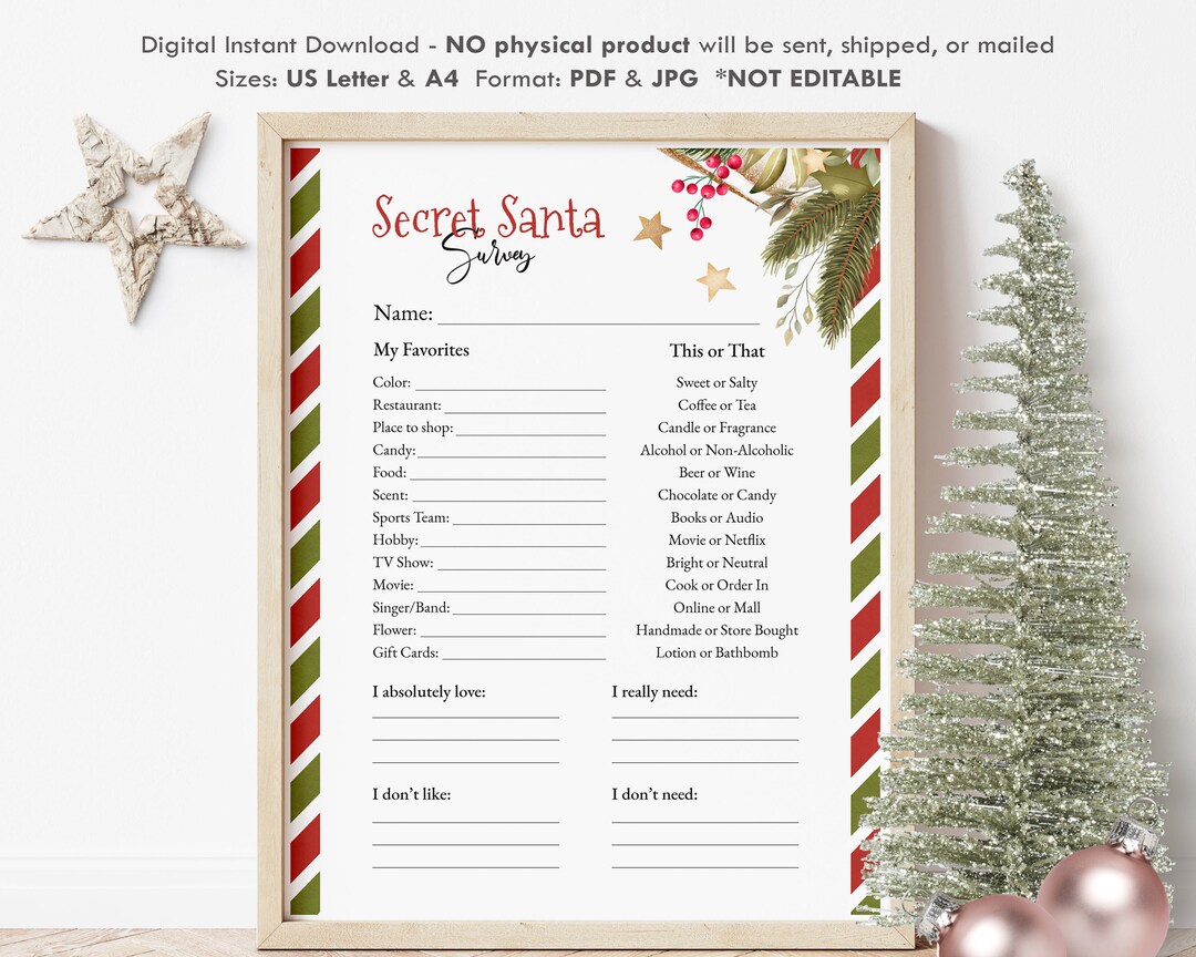 Secret Santa Form Questionnaire, PRINTABLE Secret Santa Survey, Gift ...