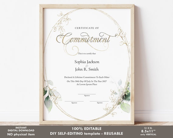 Commitment Certificate Template Editable Printable - Etsy