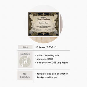 Vintage Halloween Best Costume Certificate Template EDITABLE Costume ...