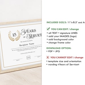 15 Years of Service Anniversary Award Certificate of Appreciation ...