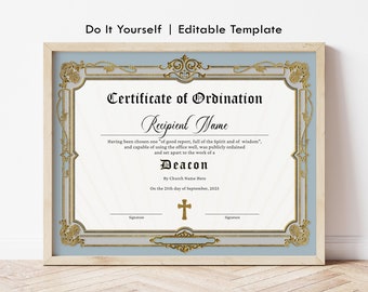Deacon Ordination Certificate Template, 11x8.5 Printable Certificate of ...
