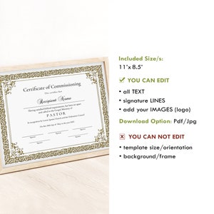 Pastor Installation Certificate Template, Editable Pastor Certificate ...