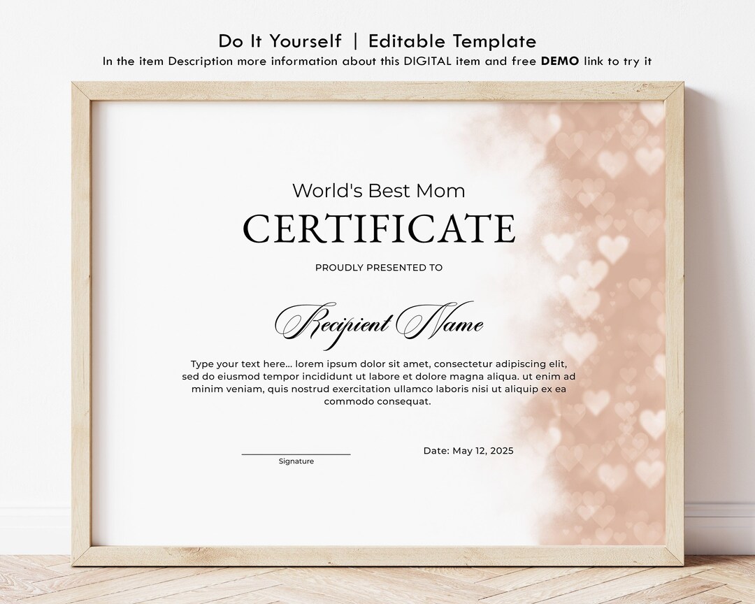 Editable Best Mom Certificate Template Mother's Day - Etsy