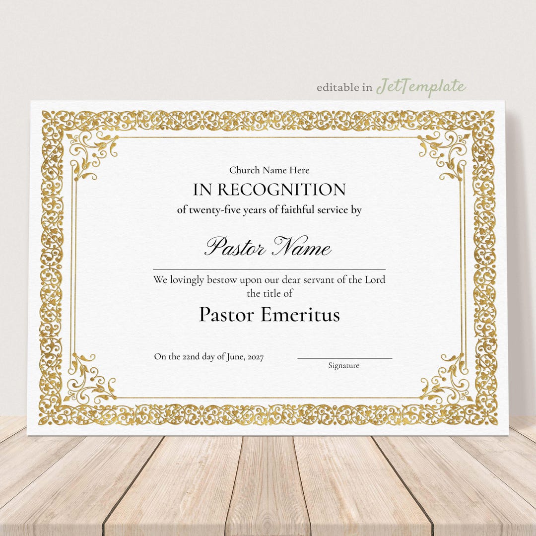 Pastor Emeritus Church Recognition Certificate Template, Church Award ...