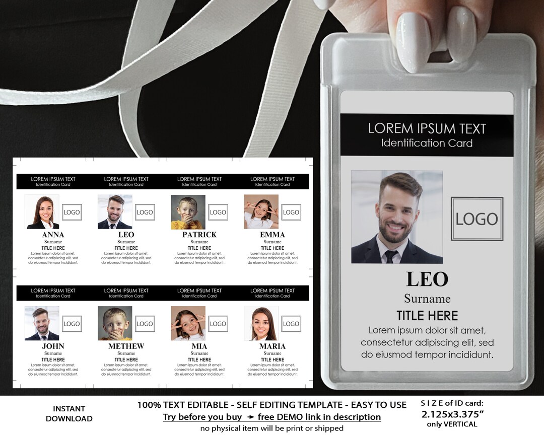 Editable Photo ID Card Template, Printable ID Badge, Minimalist Design ...
