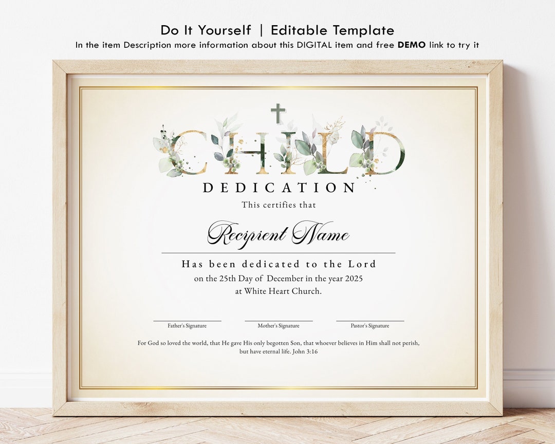 Child Dedication Certificate Template Child Dedication Editable ...