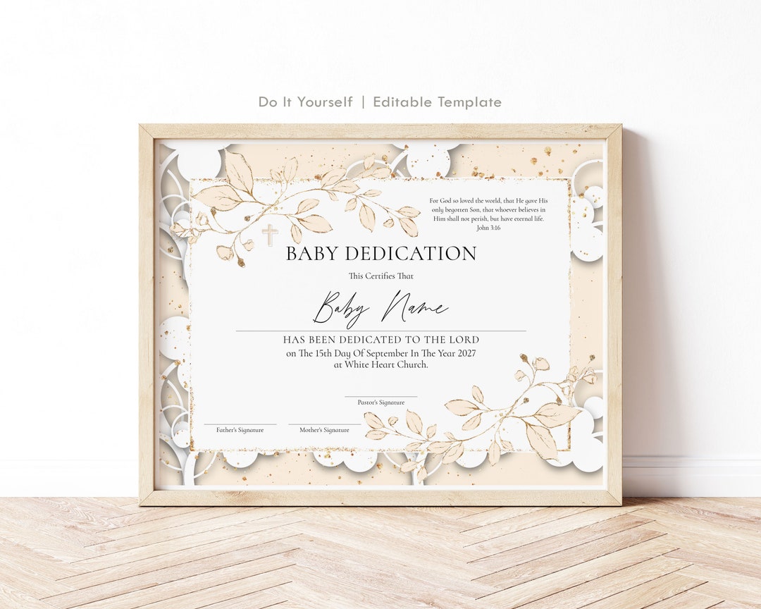 Baby Dedication Certificate Template, Baby Baptism Christening, Baby ...