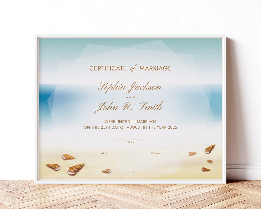 Beach Wedding Ceremony Certificate Template Editable Summer Beach ...