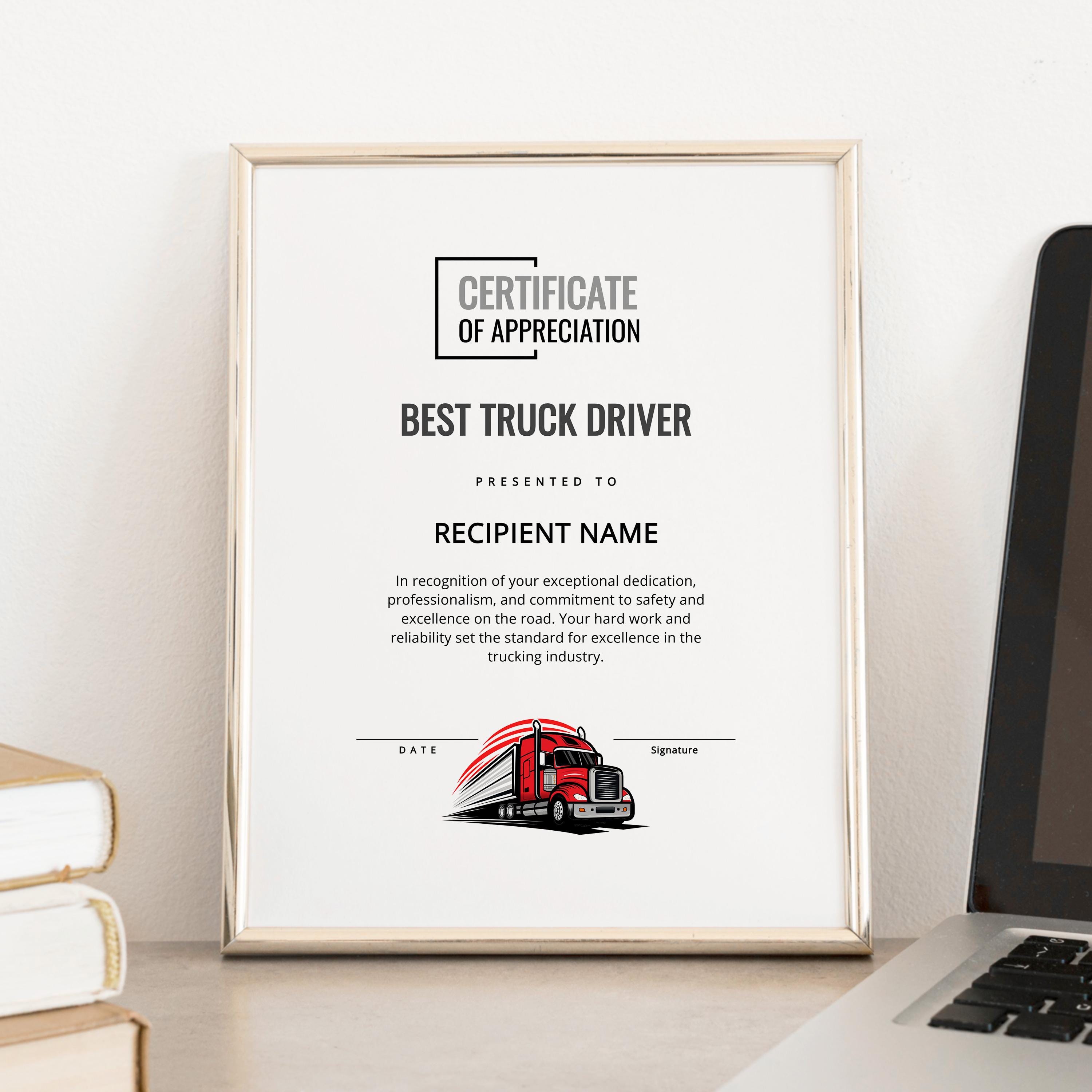 Editable Truck Driver Award Certificate, Truck Driving Award, Gift for ...