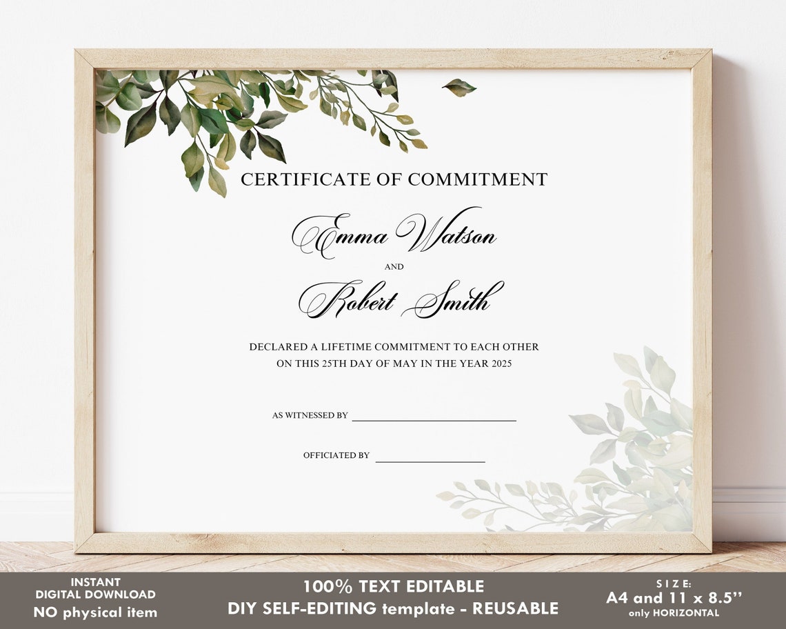 Modern Commitment Certificate Template Editable Printable - Etsy
