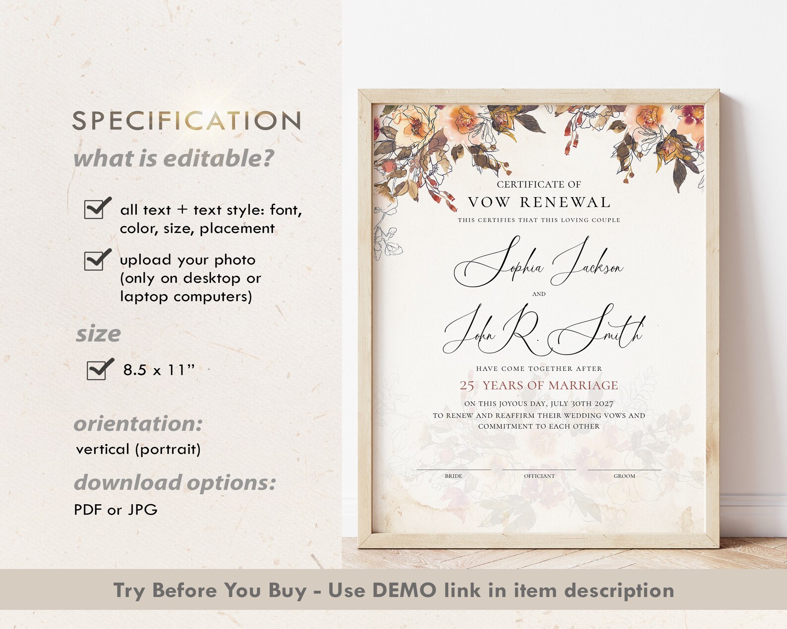 Boho Floral Vow Renewal Certificate Template Watercolor - Etsy