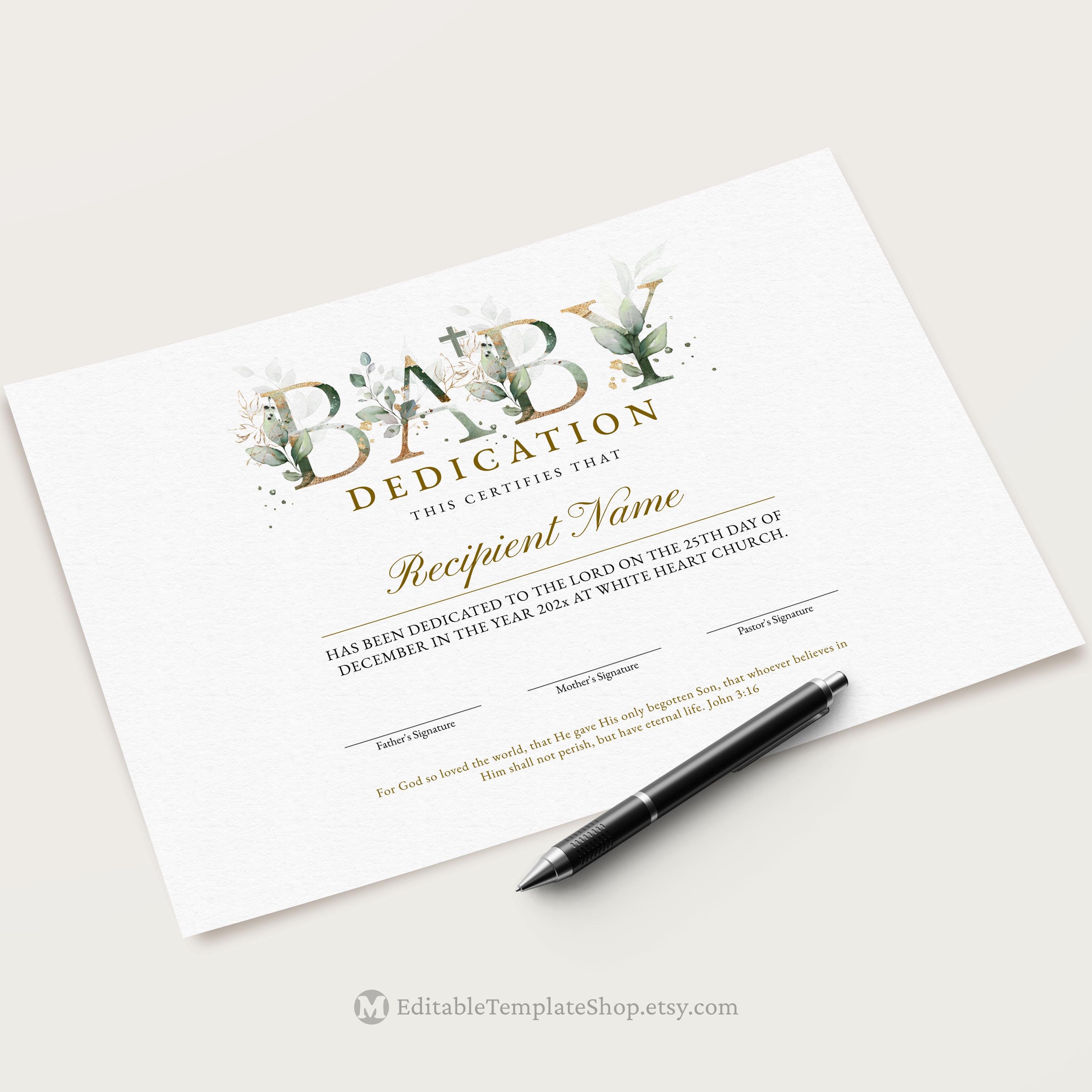 Baby Dedication Certificate Template Baby Dedication Editable ...