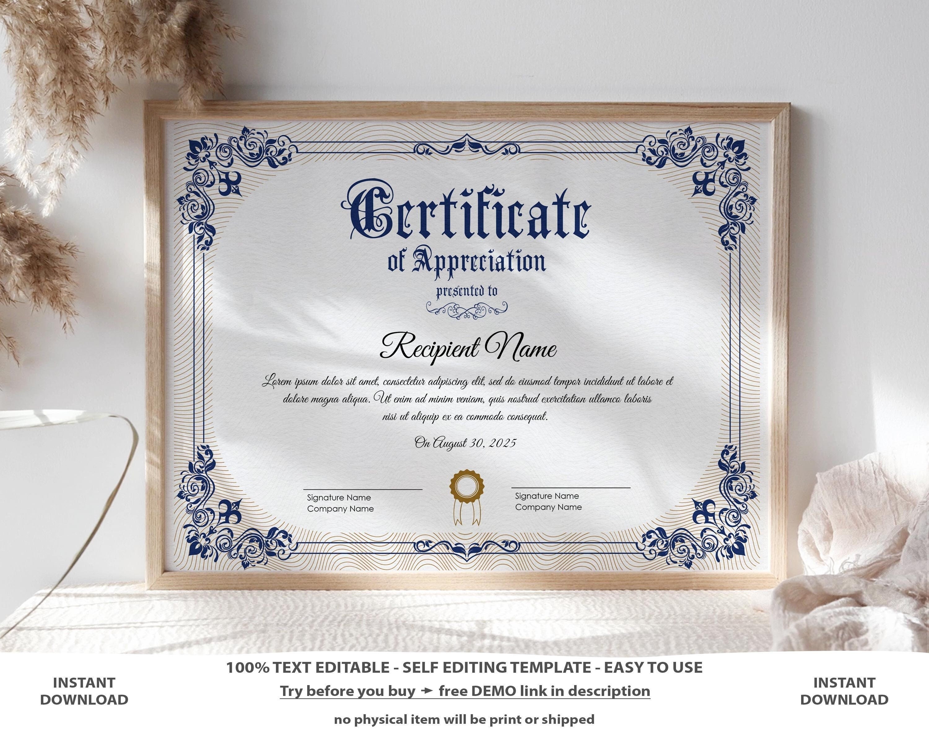 Certificate of Appreciation Editable Printable Certificate Template ...