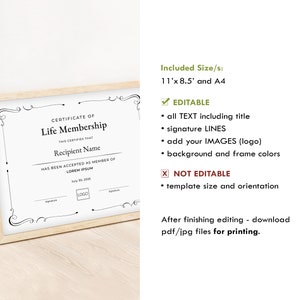 Life Membership Certificate Template, Editable Printable Elegant ...