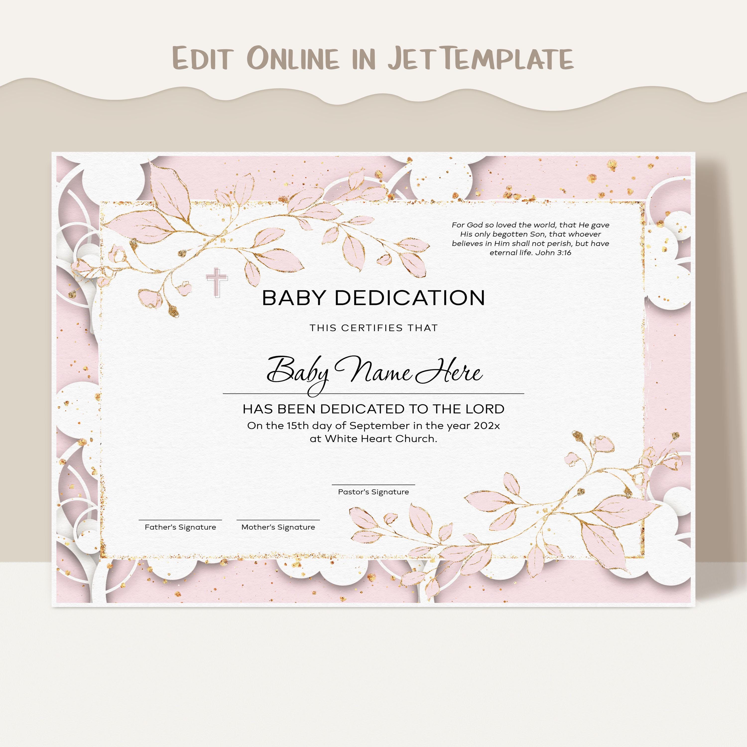 Baby Dedication Certificate Template, Girl Baptism Baby Christening ...