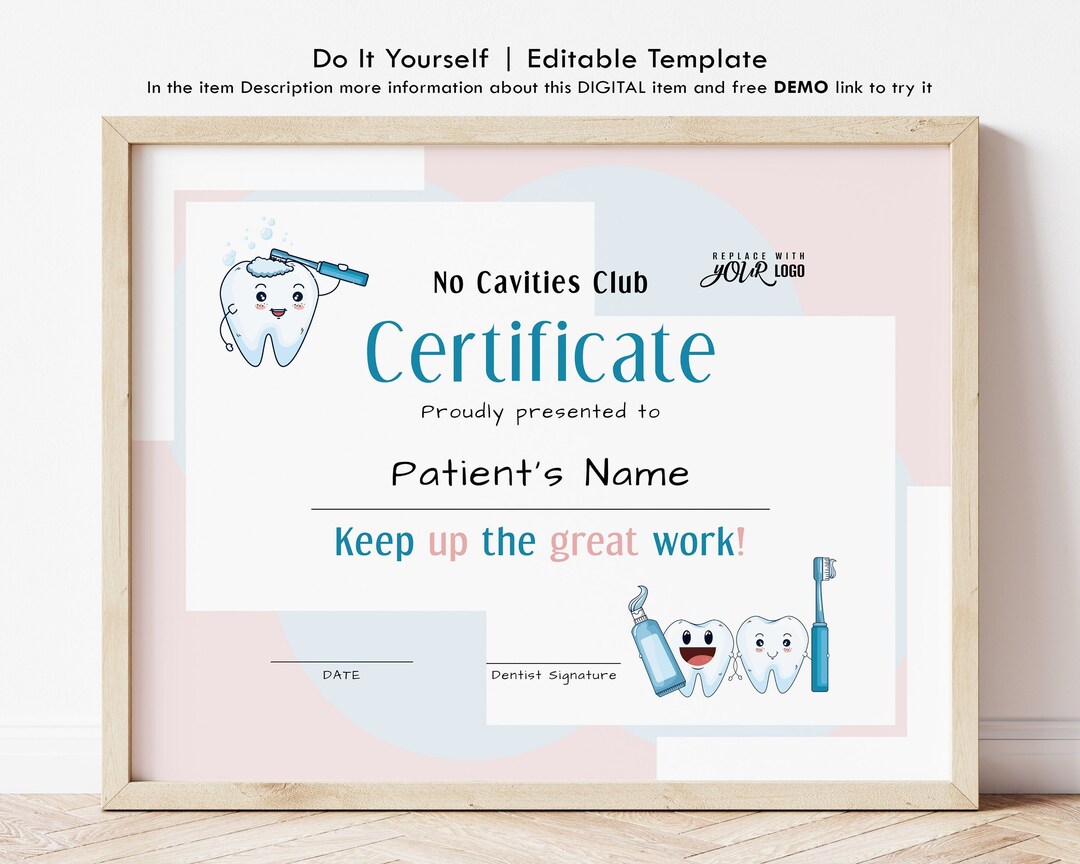 Editable Dentist No Cavities Club Certificate of Bravery - Etsy