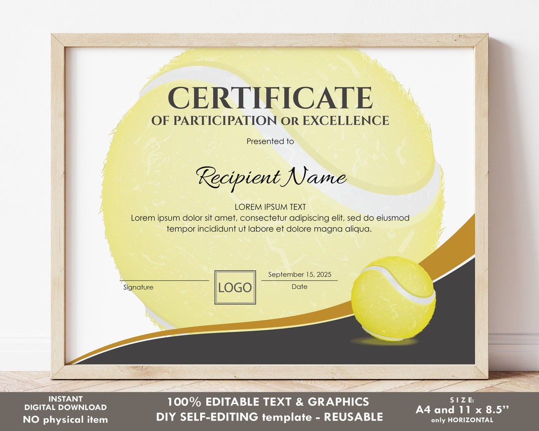 EDITABLE Tennis Certificate Template, Sport Award Certificates ...