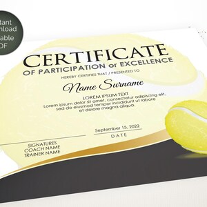 EDITABLE Tennis Certificate Template Sport Certificate Award | Etsy