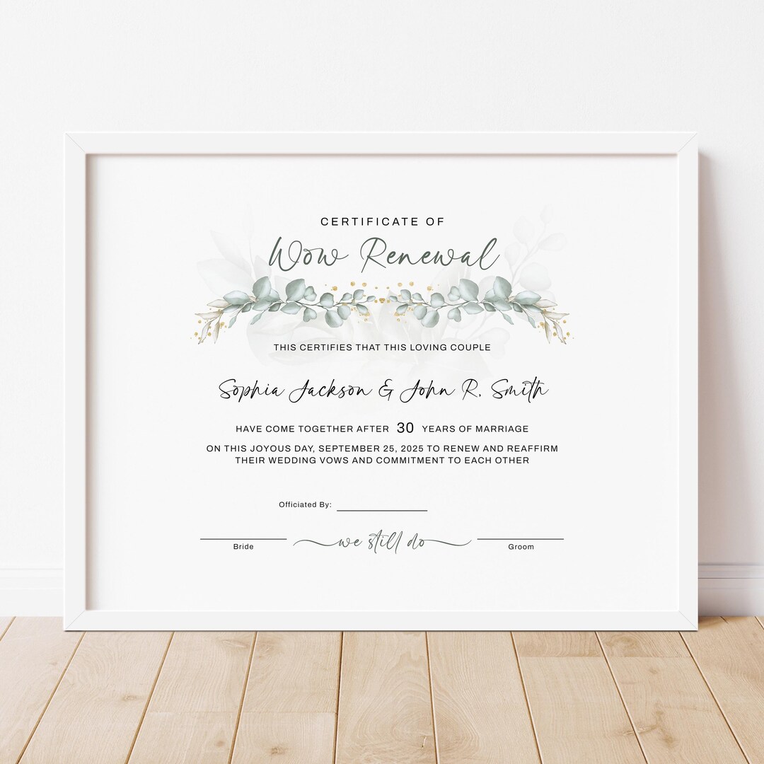 Vow Renewal Certificate, Editable Printable Wedding Certificate ...